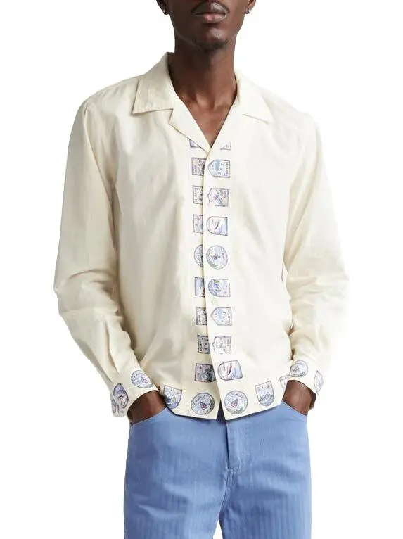 BODE Ski Season Long Sleeve Cotton & Silk Button-up Shirt - Ecru