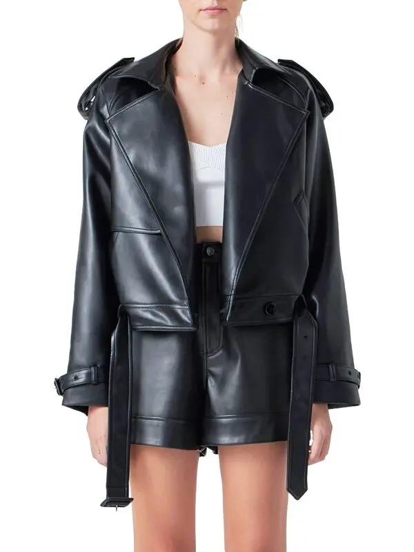 GREY LAB Faux Leather Trench Jacket - Black