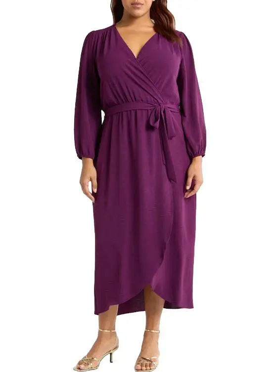CONNECTED APPAREL Tie Waist Wrap Dress - Plum
