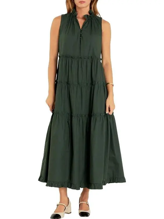 English Factory Sleeveless Tiered Cotton Maxi Dress - Olive