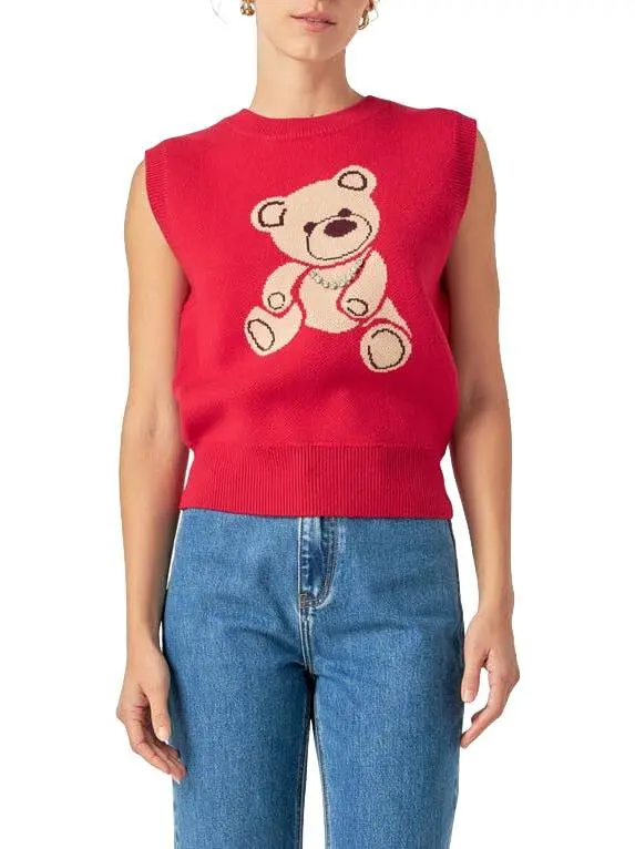 English Factory Rhinestone Teddy Bear Sweater Vest - Cranberry
