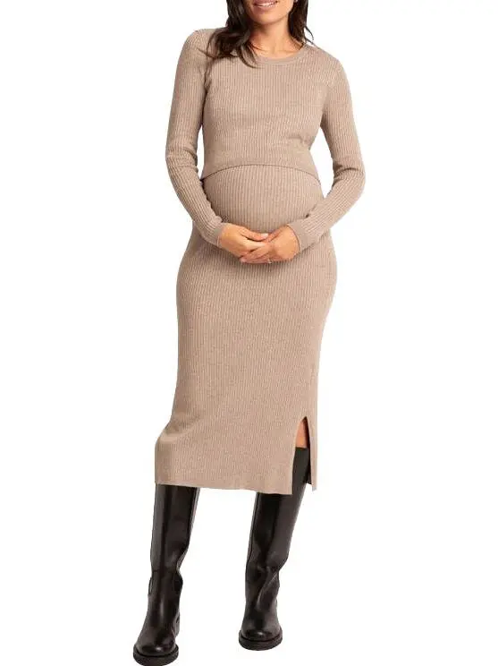 Seraphine Layered Ribbed Long Sleeve Maternity/nursing Sweater Dress - Open White