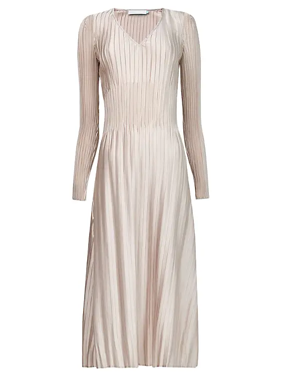 LEEM V-neck Pleated Midi Dress - Neutrals