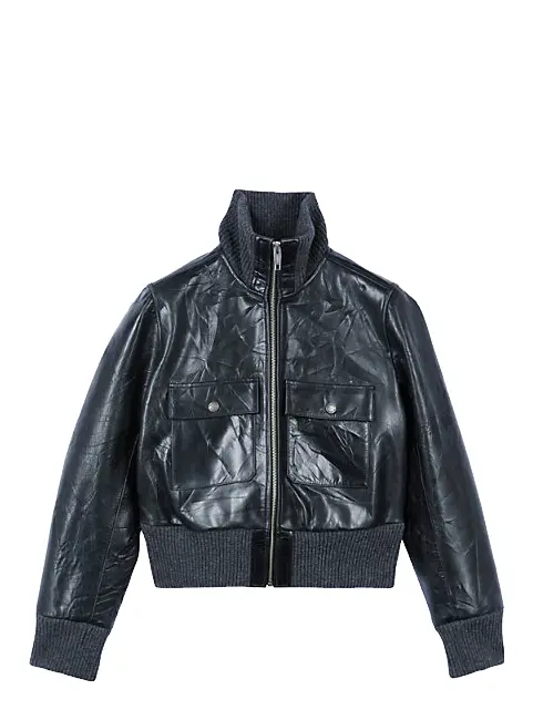 The Kooples Funnel-neck Leather Jacket - Black