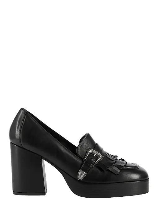 The Kooples Buckle-embellished Fringed Leather Block Heel Shoes - Black
