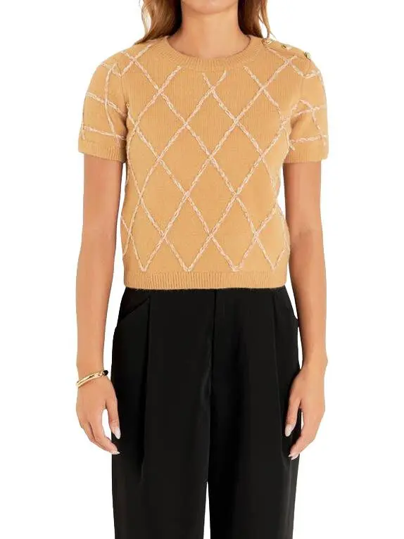 Endless Rose Diamond Pattern Short Sleeve Sweater - Camel