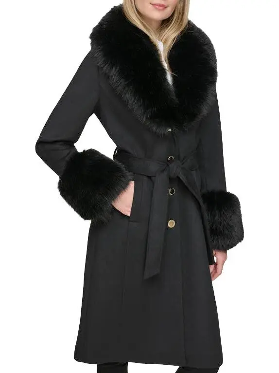 Karl Lagerfeld Paris Faux Fur And Wool-blend Coat - Black