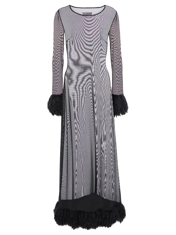 MARINE SERRE Faux Feather-trimmed Mesh Maxi Dress - Black
