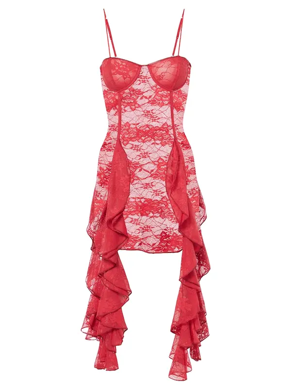 Oseree Ruffled Lace Bustier Dress - Red
