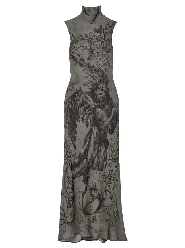 Acne Studios Printed Georgette Turtleneck Maxi Dress With Open Back - Gray