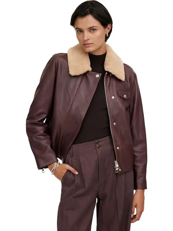 Madewell Leather Zip-front Jacket With Sherpa Collar - Dark Coffee