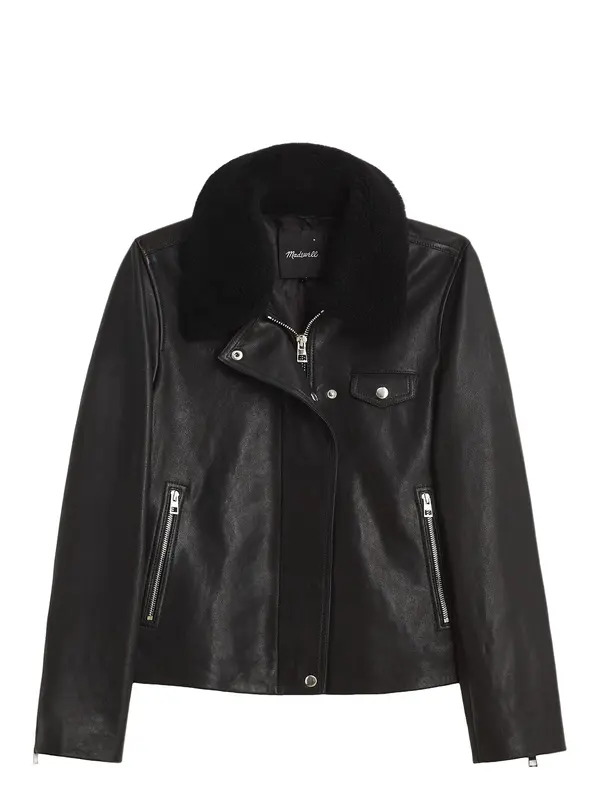 Madewell Leather Zip-front Jacket With Sherpa Collar - True Black