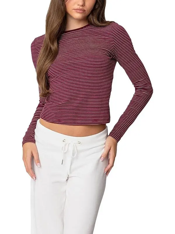 EDIKTED Brianna Striped Long Sleeve T-shirt - Burgundy