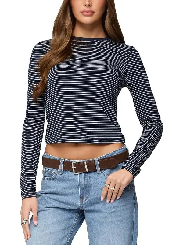 EDIKTED Striped Long Sleeve T-shirt - Navy-and-white
