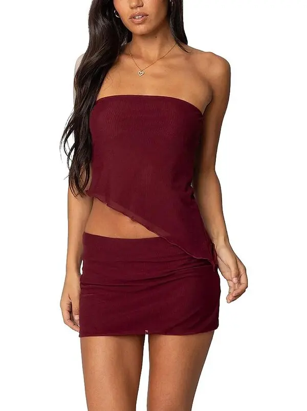 EDIKTED Mesh Asymmetric Tube Top - Burgundy
