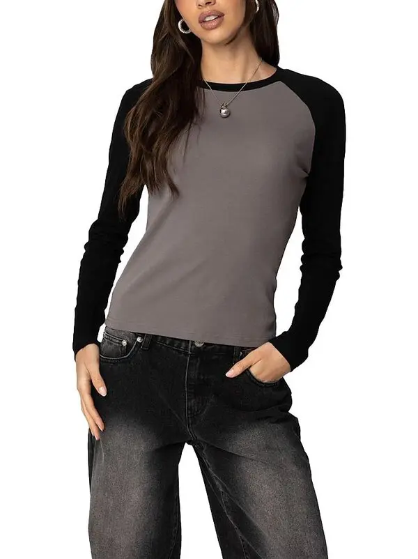 EDIKTED Tommi Raglan Long Sleeve T-shirt - Gray And Black