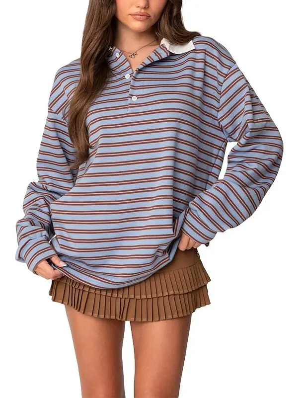 EDIKTED Stripey Oversized Collared Shirt - Blue
