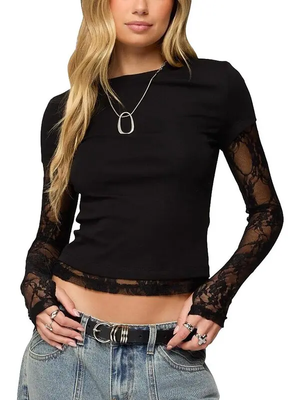 EDIKTED Layered Lace Sleeve T-shirt - Black