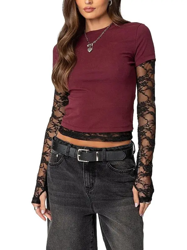 EDIKTED Layered Lace Sleeve T-shirt - Burgundy