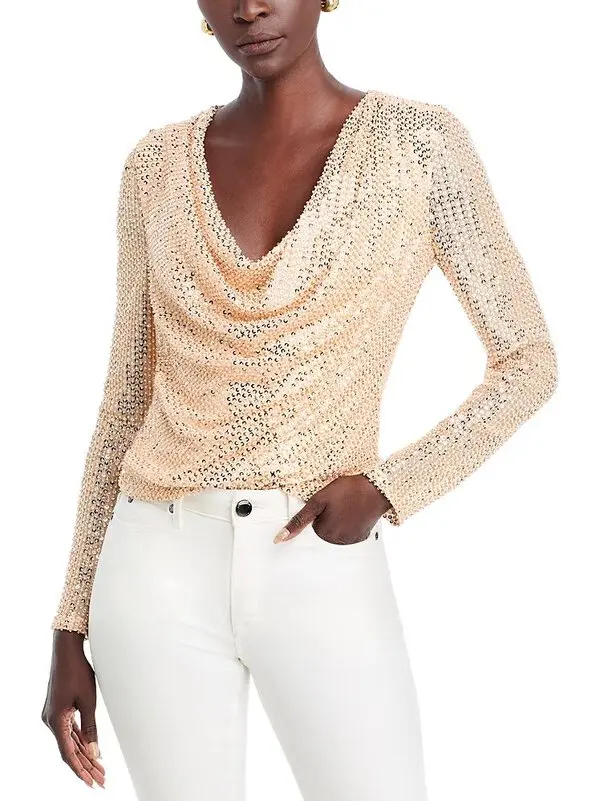 Ramy Brook Leon Beaded Cowlneck Top - Gold Beaded Mesh
