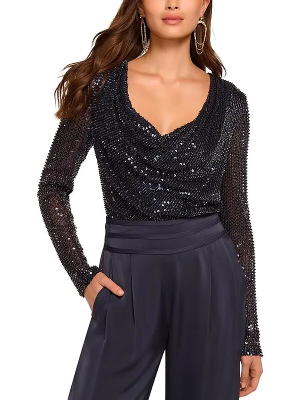 Ramy Brook Leon Beaded Cowlneck Top - Navy Beaded Mesh