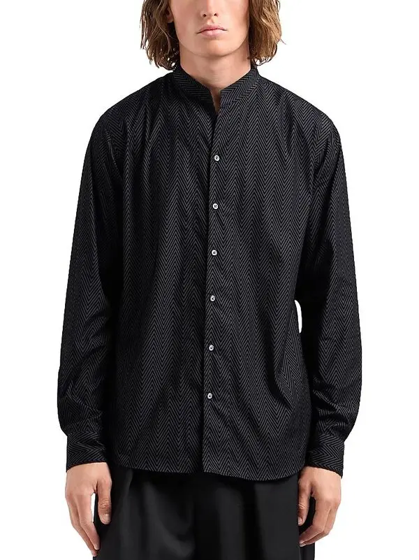 Emporio Armani Stretch Cotton Button Up Shirt With Guru Collar - Grey Black