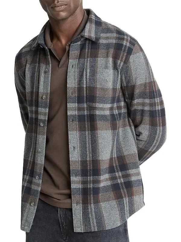 Vince Plaid Knit Shirt Jacket - Med Heather Grey Combo