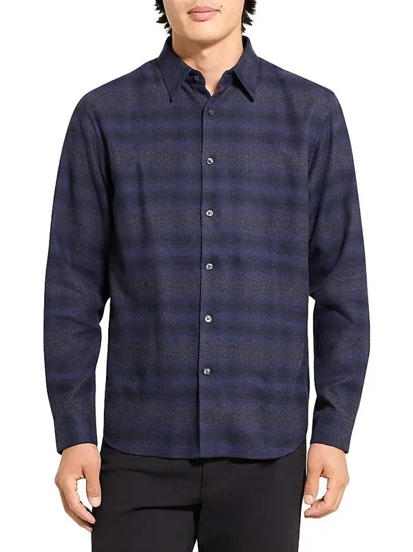Theory Irving Button Down In Soft Plaid Cotton - Baltic Melange