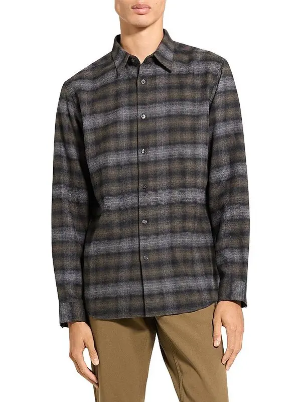 Theory Irving Button Down In Soft Plaid Cotton - Duffle Melange