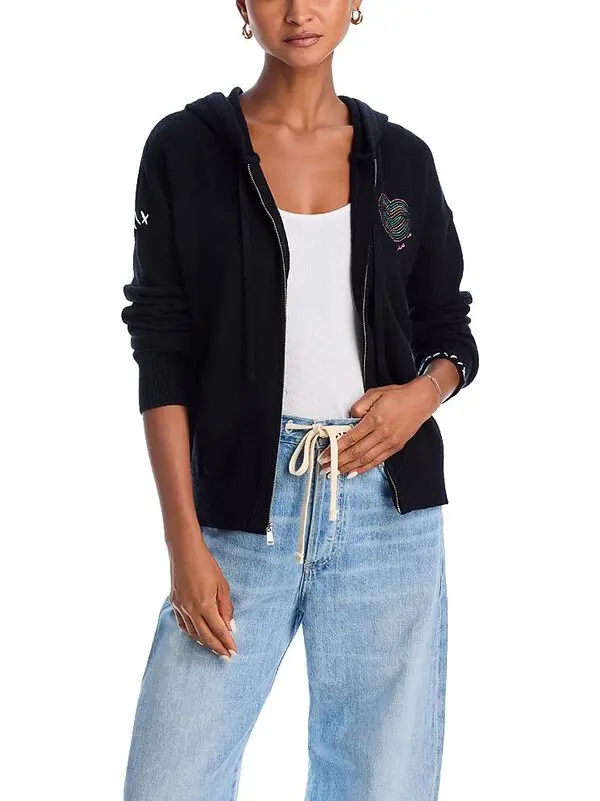 Aqua Heart Embroidered Zip Front Hoodie Exclusive - Black