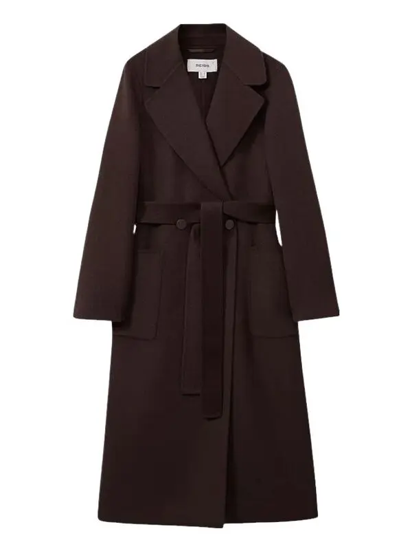 REISS Lucia Long Double Breasted Coat - Chocolate