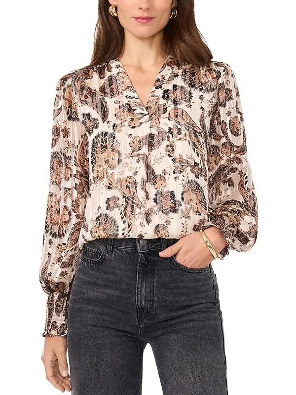 Vince Camuto Pleated Printed Blouse - Cafe Sky