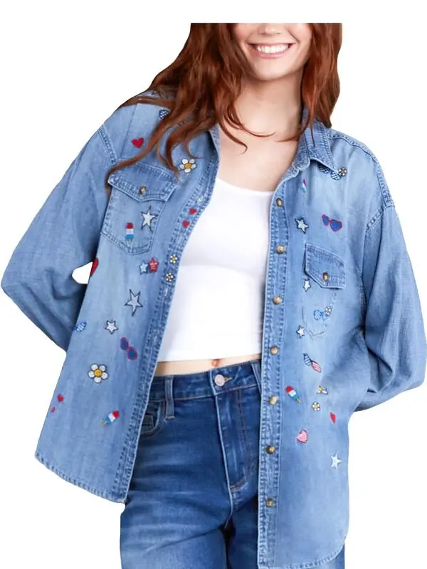 BILLY T Celebration Embroidered Chambray Shirt - Denim