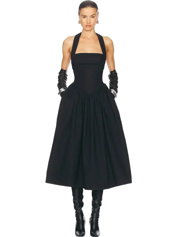 HELSA Faille Halter Midi Dress - Black