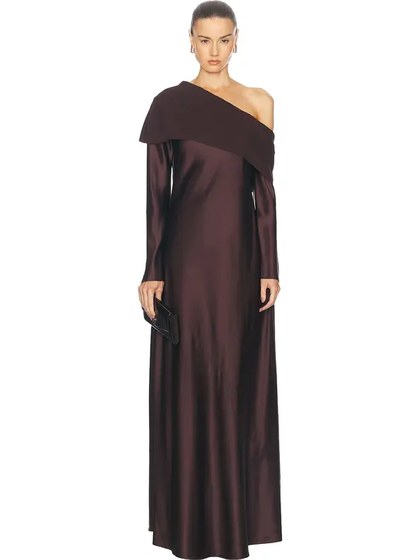 HEIRLOME Billie Off-shoulder Satin Gown - Dark Chocolate