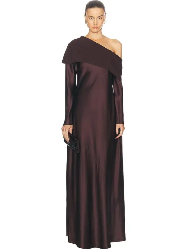 HEIRLOME Billie Off-shoulder Satin Gown - Dark Chocolate