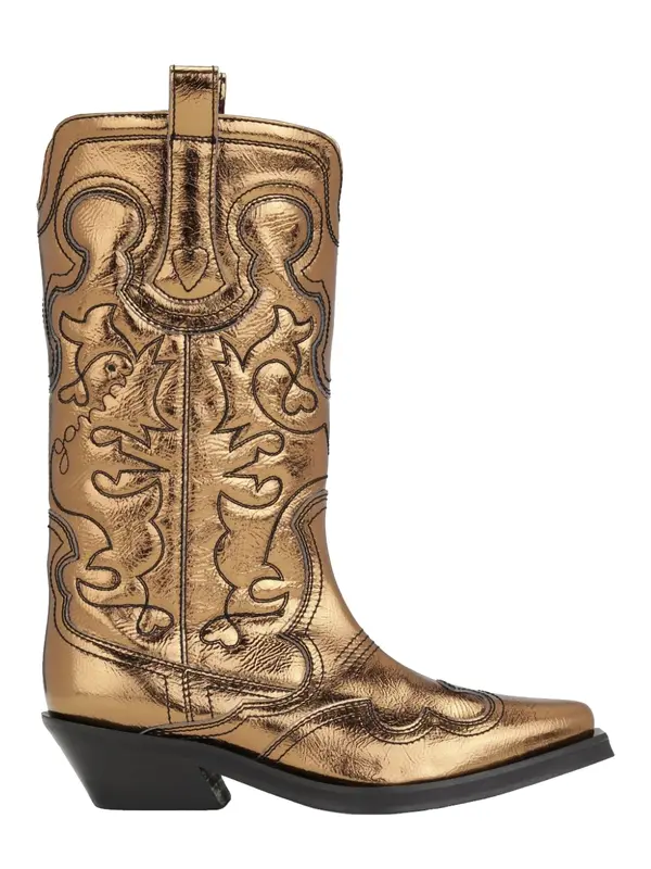 GANNI Embroidered Metallic Western Boots - Gold