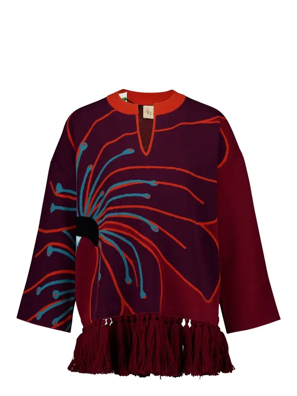 PAULA Fringe-detail Jacquard Sweater - Red