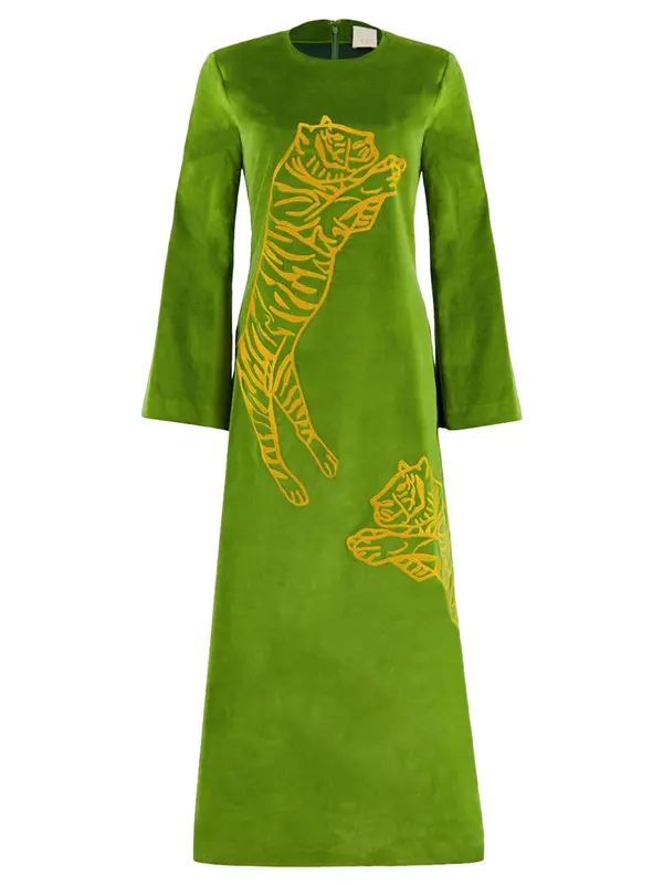 PAULA Embroidered Velvet Dress - Green