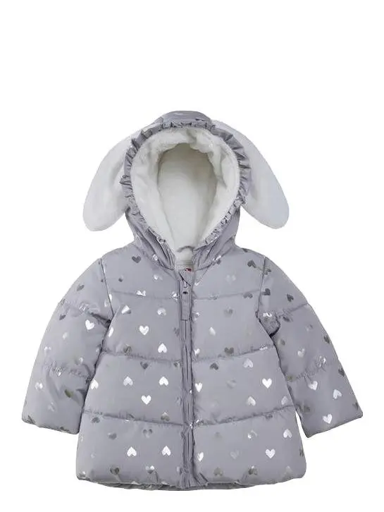 ROKKA&ROLLA Fleece Lined Bunny Puffer Jacket - Gray/ Heart Foil Print