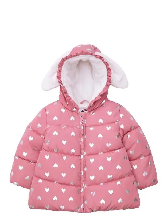 ROKKA&ROLLA Fleece Lined Bunny Puffer Jacket - Pink Coral/heart Foil Print