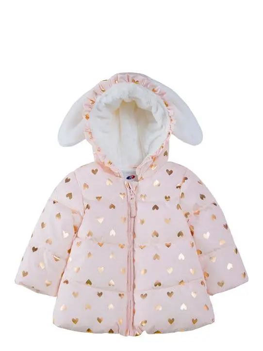 ROKKA&ROLLA Fleece Lined Bunny Puffer Jacket - Pink Frost/ Heart Foil Print