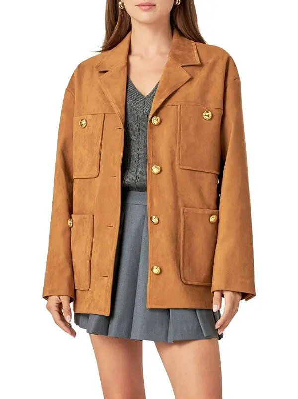 English Factory Padded Shoulder Faux Suede Jacket - Camel