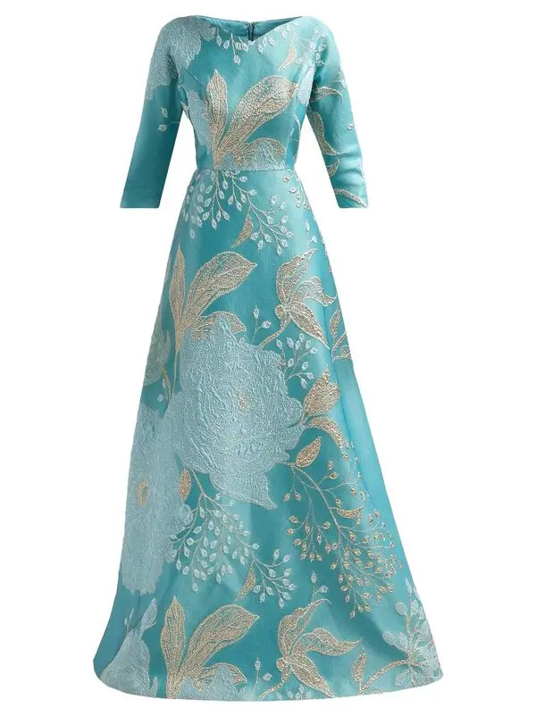 Rickie Freeman For Teri Jon Floral Metallic Jacquard Ballgown - Turquoise Multi