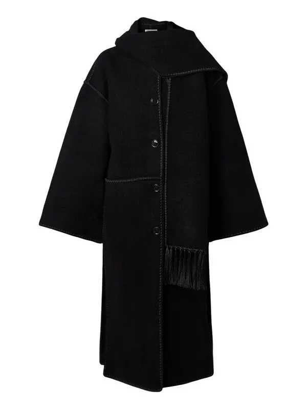 TOTEME Draped Fringed Wool-blend Bouclé Coat - Black