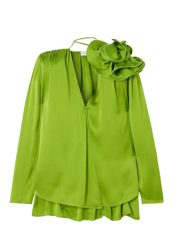 Magda Butrym Appliquéd Gathered Silk-satin Blouse - Green