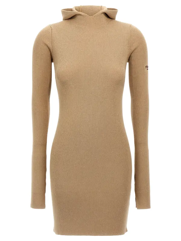 Fendi Ribbed Wool And Silk Hooded Dress - Brown