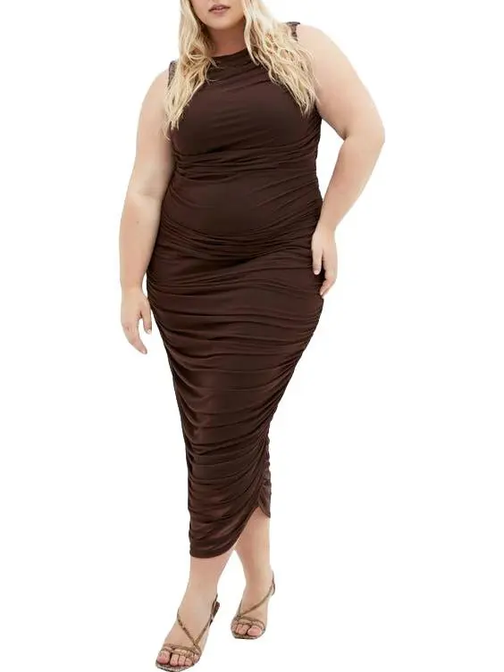 City Chic Halo Sleeveless Ruched Mesh Dress - Cocoa
