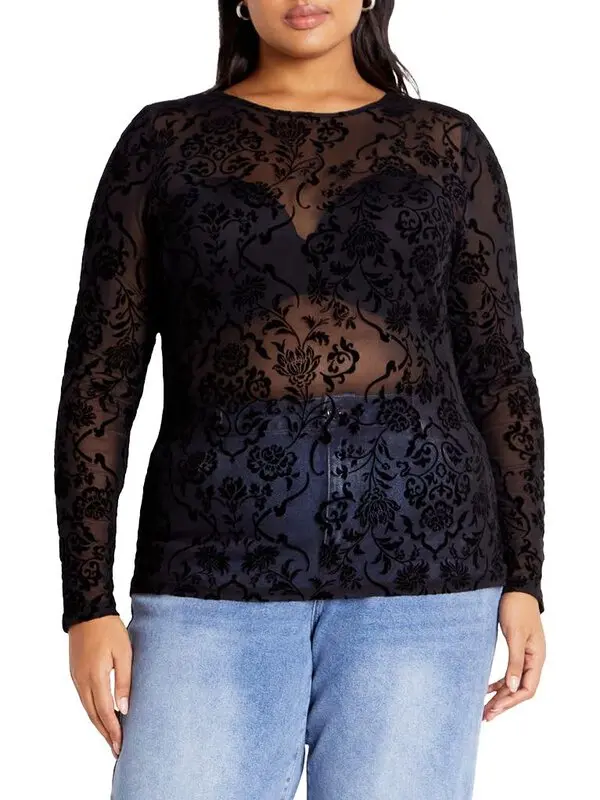 City Chic Sienna Velvet Floral Mesh Top - Black