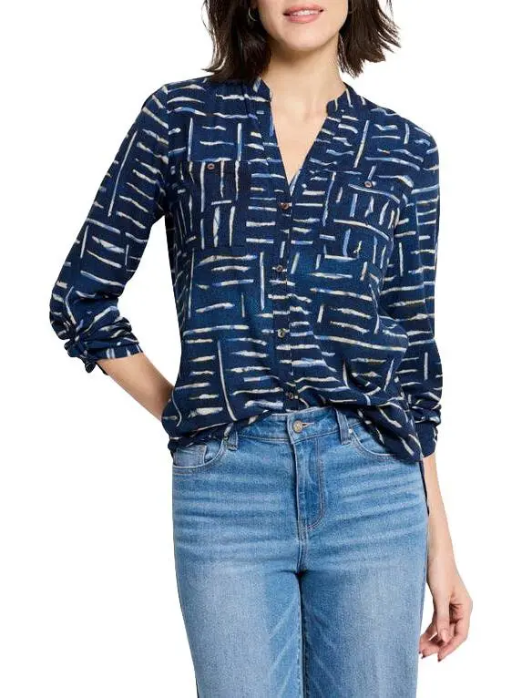 NIC+ZOE Indigo Dash Geometric Print Long Sleeve Shirt - Indigo Multi